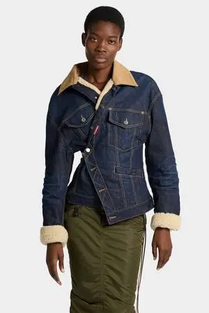 Dsquared2 Wrap Oversized Denim Trucker Jacket With Wool Lining And Corduroy Collar
