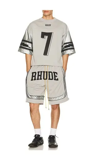 Rhude Baggy Mesh Collegiate Logo Shorts - Grey