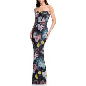 Dress The Population Vada Floral Sequin Strapless Gown - Black Multi