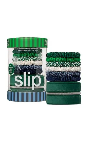 Slip Pure Silk Skinny Scrunchies Set Of 6 With Pouch - Green