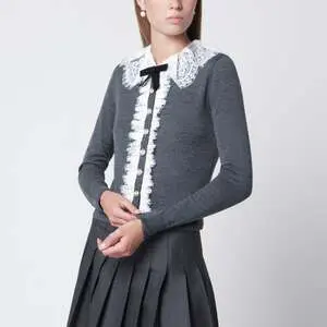 SELF-PORTRAIT Knitted Wool Cardigan With Lace Collar - Gray