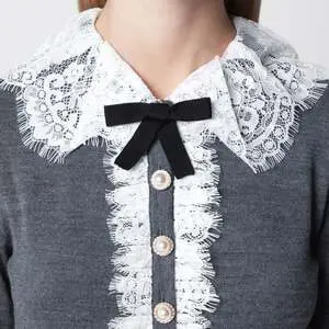 SELF-PORTRAIT Knitted Wool Cardigan With Lace Collar - Gray