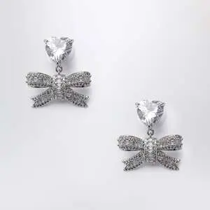 SELF-PORTRAIT Heart Drop Earrings With Crystal Bow - Silver