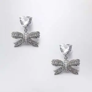 SELF-PORTRAIT Crystal Bow Heart Drop Earrings - Silver