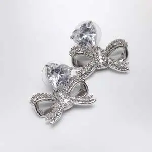 SELF-PORTRAIT Crystal Bow Heart Drop Earrings - Silver