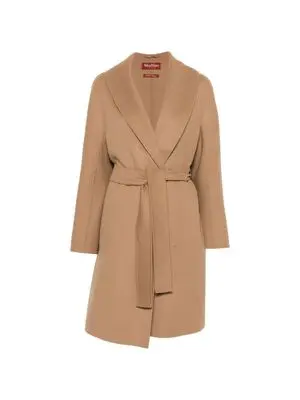 Max Mara Camel Brown Shawl Lapel Belted Coat - Multicolor