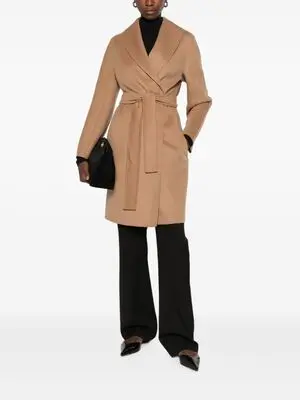 Max Mara Camel Brown Shawl Lapel Belted Coat - Multicolor