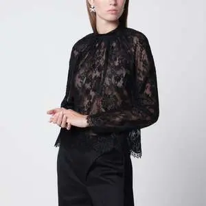 SELF-PORTRAIT High Neck Long Sleeve Lace Blouse - Black