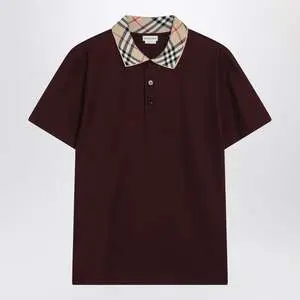 Burberry Cotton Polo Shirt With Check Collar In Vineyard - Red