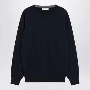 Brunello Cucinelli Brunello Cucinelli Navy Cashmere Crewneck Sweater With Contrast Trim Blue