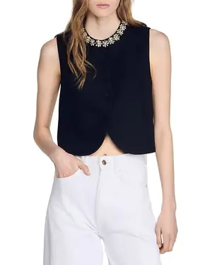 Sandro Jeweled Neckline Cropped Jacket - Black
