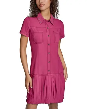 Karl Lagerfeld Paris Button Front Pleated Dress - Currant
