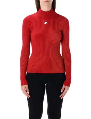 COURREGES COURRÈGES Mock Neck Ribbed Knit Fitted Sweater Rosso