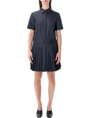 Loewe Structured Cotton-blend Gabardine Button-front Short Dress With Pleated Skirt And D-ring Belt - Blu