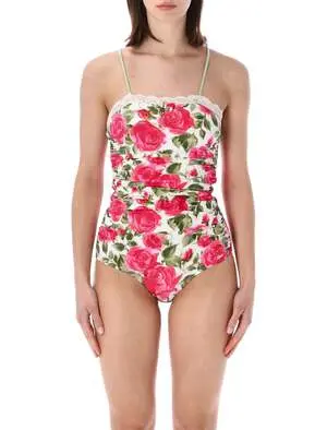 Chloé Ruched One-piece Swimsuit With Rose Print - Rosa