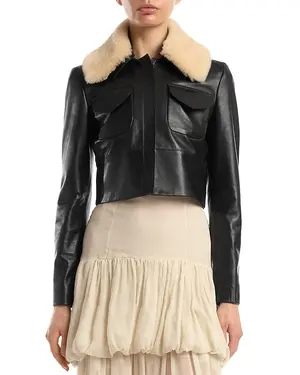 LIBEROWE Raja Cropped Leather Jacket With Shearling Collar - Black