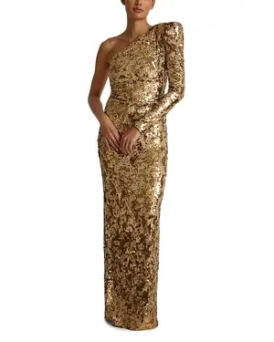 St. John Stretch Sequin One Shoulder Gown - Copper