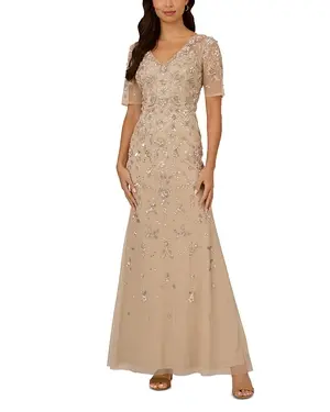 Adrianna Papell Beaded Mesh Long Dress - Biscotti