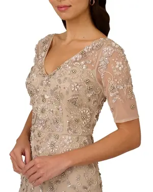 Adrianna Papell Beaded Mesh Long Dress