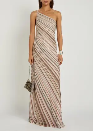 Missoni Striped One-shoulder Metallic-knit Maxi Dress