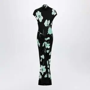 Alaïa Draped Jersey Dress With Sakura Print In /aqua - Black