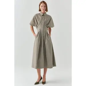 EXQUISE Embellished Shirt Collar Midi Dress - Ecru