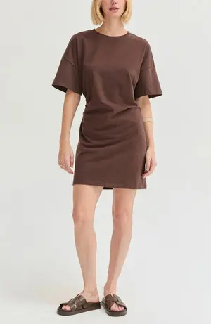 CRESCENT Elbow Sleeve Ruched T-shirt Mini Dress - Brown