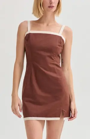 CRESCENT Contrast Trim Linen Blend Mini Dress - Brown/ivory