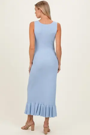 PINKBLUSH Ribbed Knit Sleeveless Maxi Dress With Ruffled Hem - Light Blue