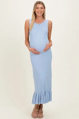 PINKBLUSH Ribbed Knit Sleeveless Ruffle Hem Maxi Dress - Light Blue
