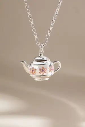 ALEX AND ANI Floral Teapot Locket Pendant Necklace