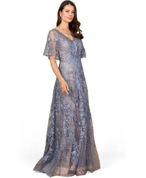 LARA NEW YORK LARA New York Elegant Cape Sleeve A-Line Gown Dark Periwinkle