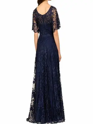 LARA NEW YORK Elegant Cape Sleeve A-line Gown - Navy