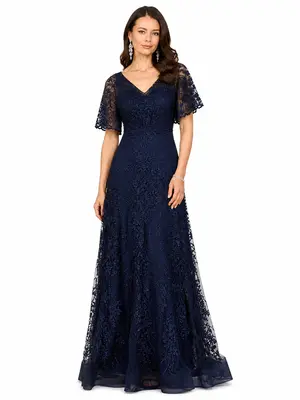 LARA NEW YORK Elegant Cape Sleeve A-line Gown - Navy