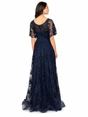 LARA NEW YORK Elegant Cape Sleeve A-line Gown - Navy