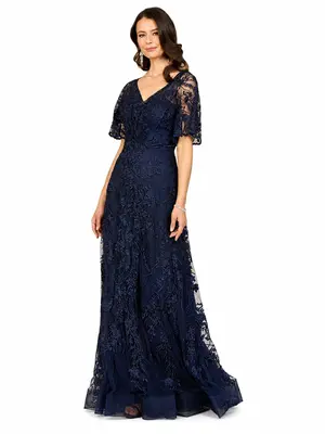 LARA NEW YORK Elegant Cape Sleeve A-line Gown - Navy