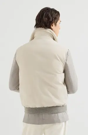 Brunello Cucinelli Waxed Techno Cotton Down Vest With Detachable Shearling Collar