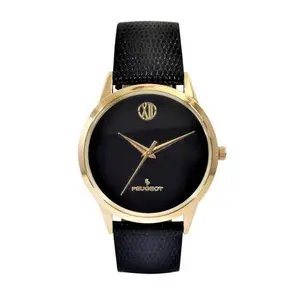 PEUGEOT Round Gold-plated Watch With Leather Strap - Black