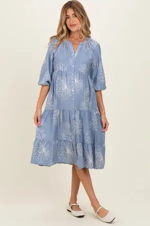 PINKBLUSH Embroidered Tiered Midi Shirt Dress