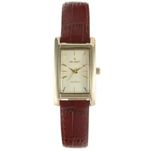 PEUGEOT Rectangular Gold-plated Watch With Embossed Leather Band - Brown