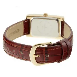 PEUGEOT Rectangular Gold-plated Watch With Embossed Leather Band - Brown