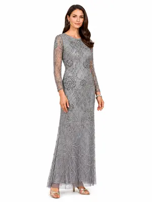 LARA NEW YORK High Neck Long Sleeve Beaded Gown - Medium Grey