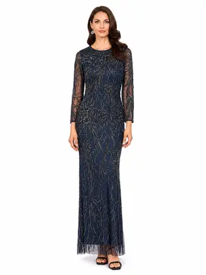 LARA NEW YORK LARA New York High Neck Long Sleeve Beaded Gown Navy