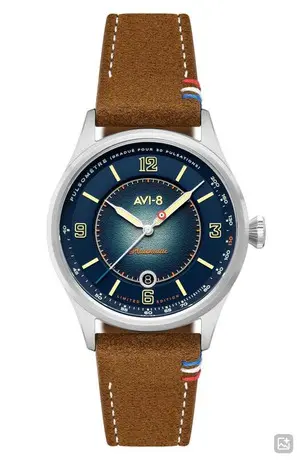 AVI-8 Flyboy Lafayette Automatic 110th Anniversary Limited Edition Leather Strap Watch Blue