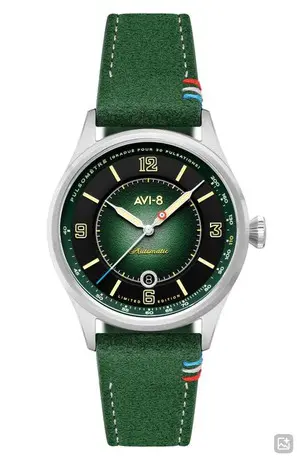 AVI-8 Flyboy Lafayette Automatic 110th Anniversary Limited Edition Leather Strap Watch Green