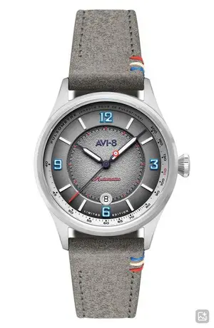 AVI-8 Flyboy Lafayette Automatic 110th Anniversary Limited Edition Leather Strap Watch Grey