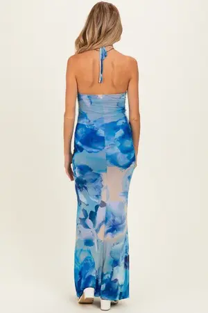 PINKBLUSH Floral Halter Mesh Maxi Dress