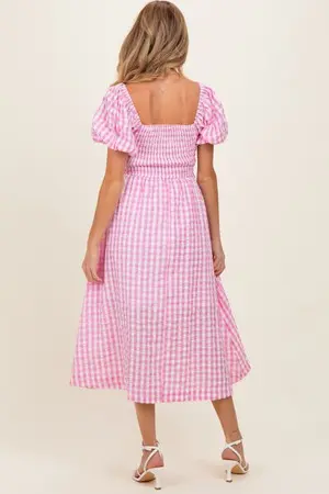 PINKBLUSH Gingham Puff Sleeve Maternity Midi Dress