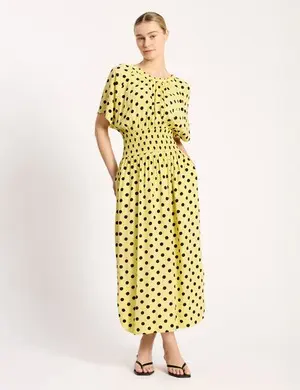 ALBARAY Polka Dot Shirred Waist Midi Dress - Yellow
