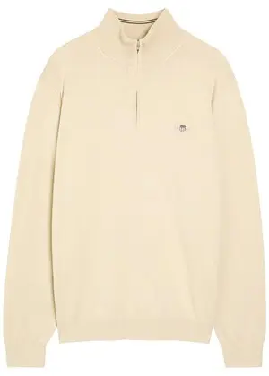 Gant Logo-embroidered Quarter-zip Cotton Jumper - Beige